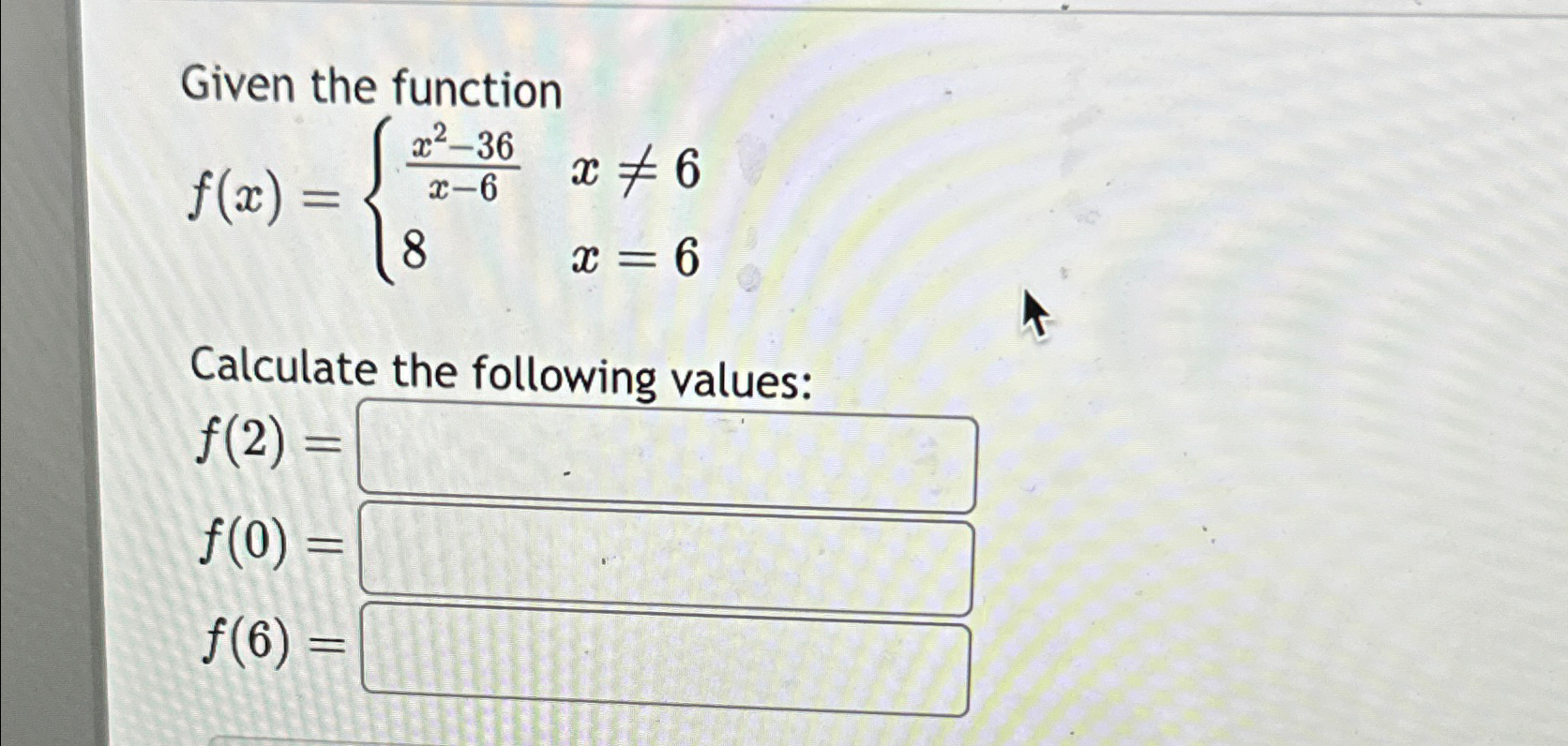 Solved Given the functionf(x)={x2-36x-6,x≠68,x=6Calculate | Chegg.com
