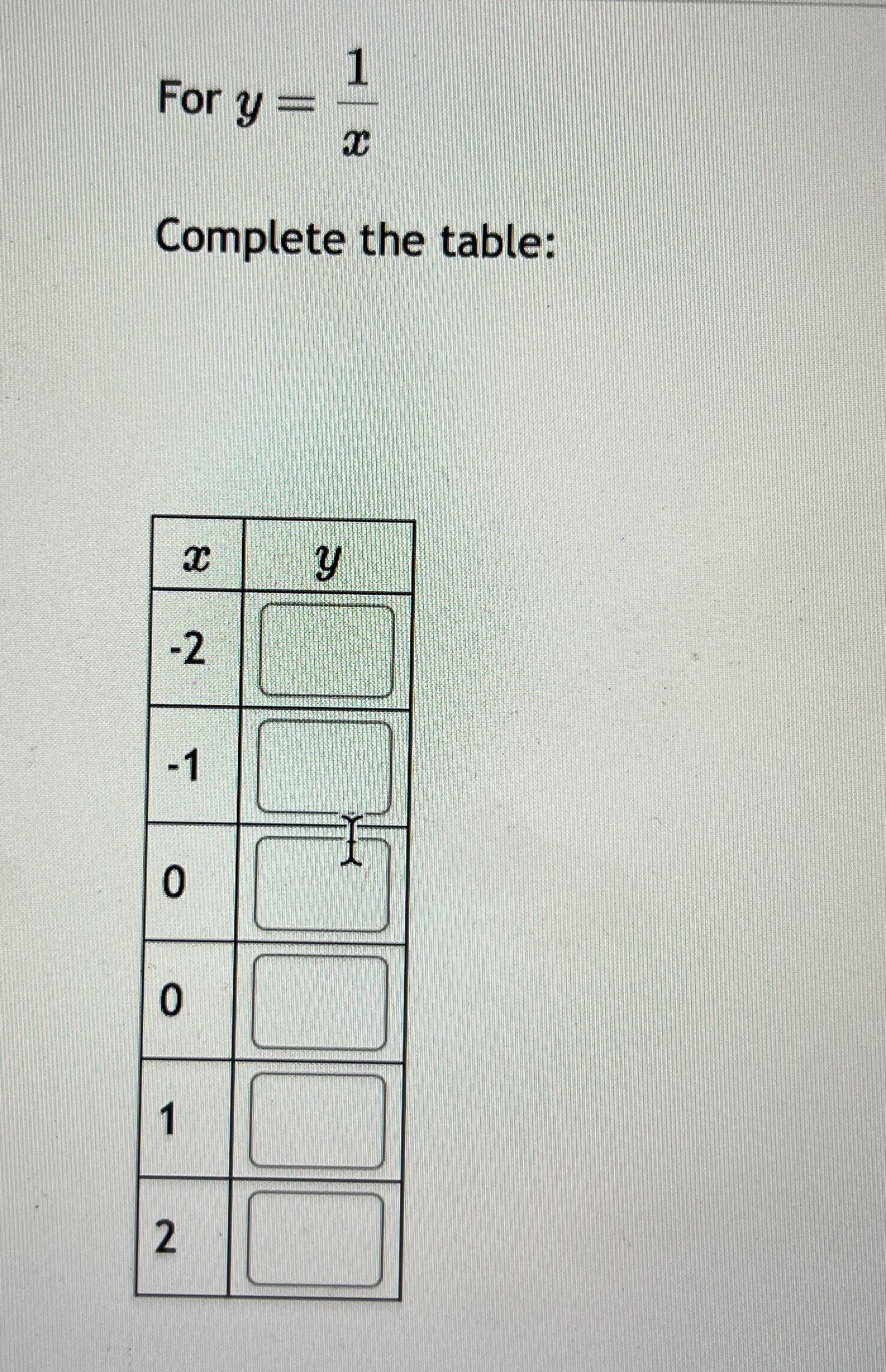 Solved For y=1xComplete the table:\table[[x,y | Chegg.com