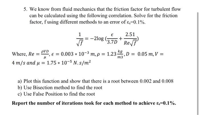 Solved 5. We know from fluid mechanics that the friction | Chegg.com