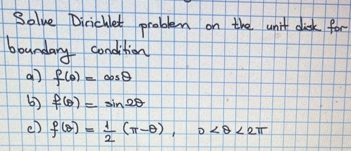 Solved Solve Dirichlet problen on the unit disk for boundary | Chegg.com
