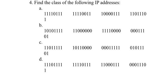 Solved 1101110 000111 4. Find the class of the following IP | Chegg.com