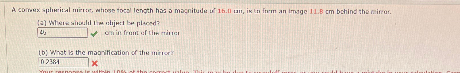 Solved A convex spherical mirror, whose focal length has a | Chegg.com