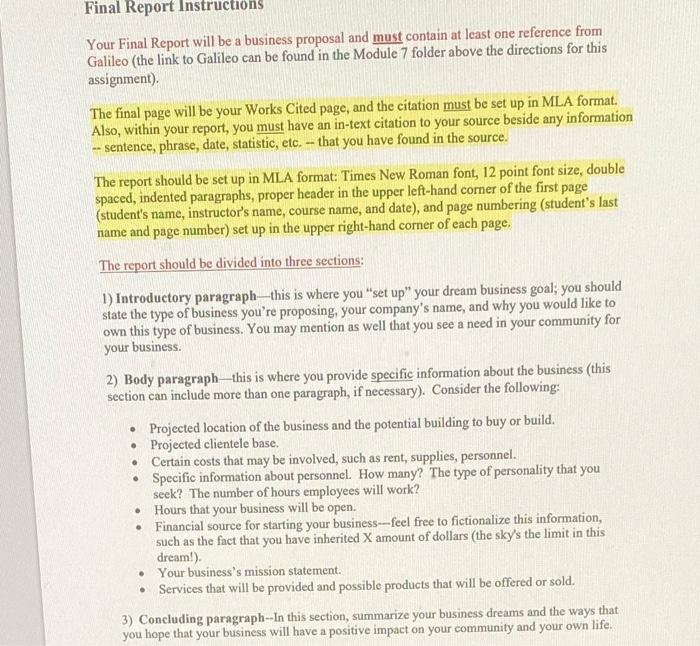 Final Report Instructions Your Final Report will be a | Chegg.com