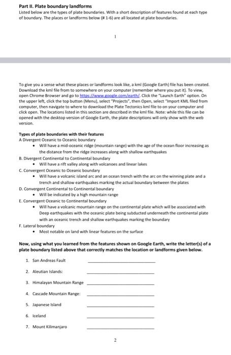 Solved Part II. Plate boundary landforms Listed below are | Chegg.com Solved Part II. Plate boundary landforms Listed below are | Chegg.com