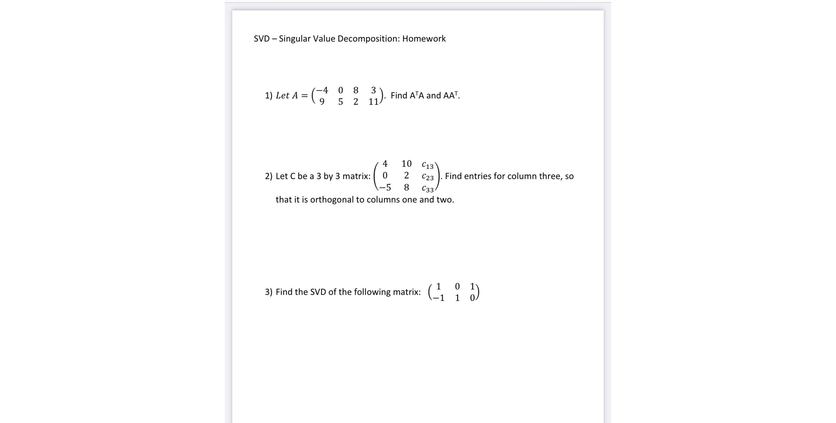 Solved SVD - ﻿Singular Value Decomposition: HomeworkLet | Chegg.com