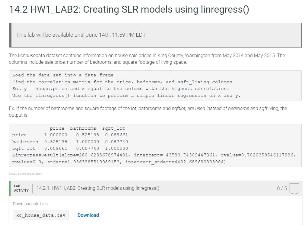 Solved 14.2 ﻿HW1_LAB2: Creating SLR models using | Chegg.com