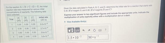 Solved For the reaction A+B+C−D+E, the initial reaction rade | Chegg.com