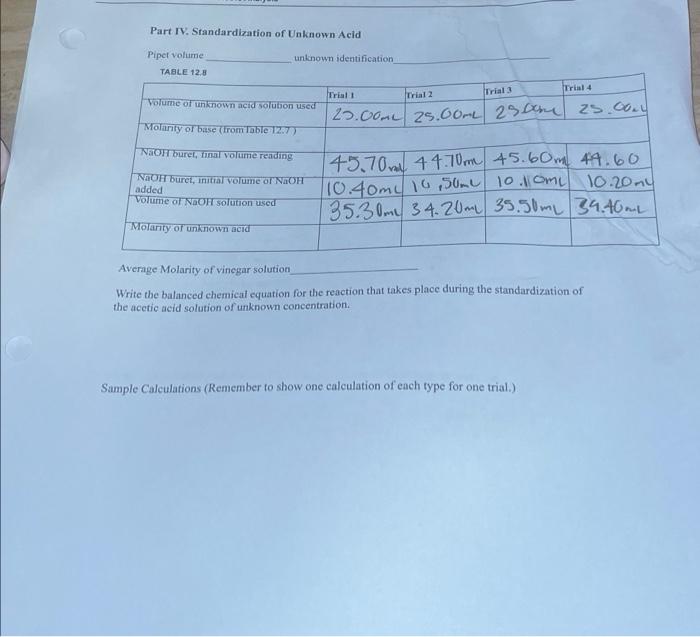 Solved Part IV. Standardization of Unknown Acid Piper volume | Chegg.com
