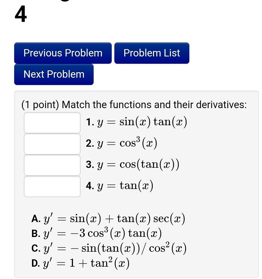 Solved (1 point) Let f(x)=sin(ex2sin(x)) f′(x)=(1 point) | Chegg.com