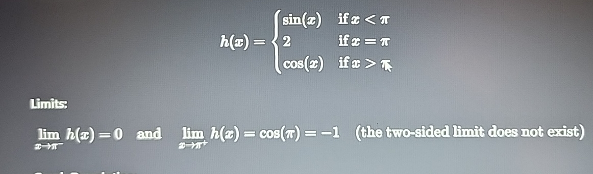 Solved Limitslimx→π-h(x)=0 ﻿and limx→π+h(x)=cos(π)=-1 (the | Chegg.com