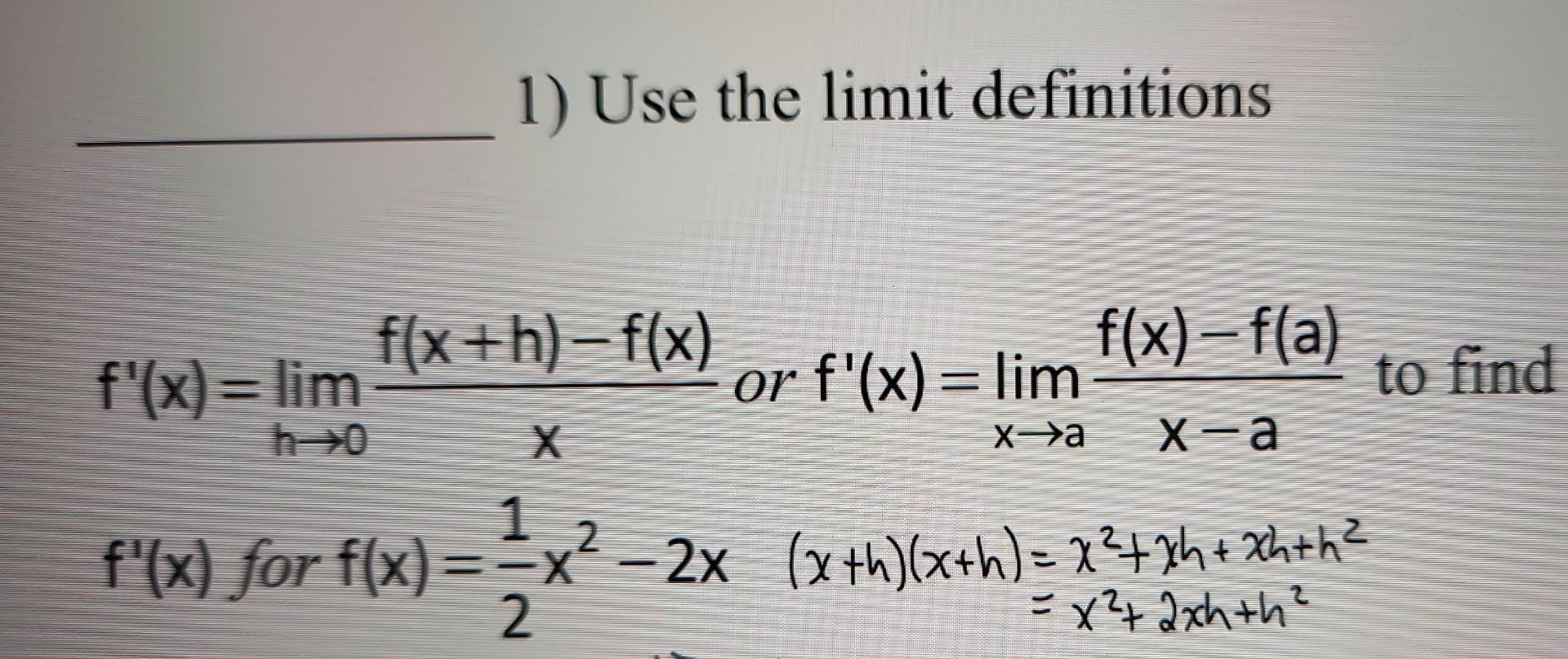 Solved f'(x) = lim 1) Use the limit definitions f(x+h)-f(x) | Chegg.com