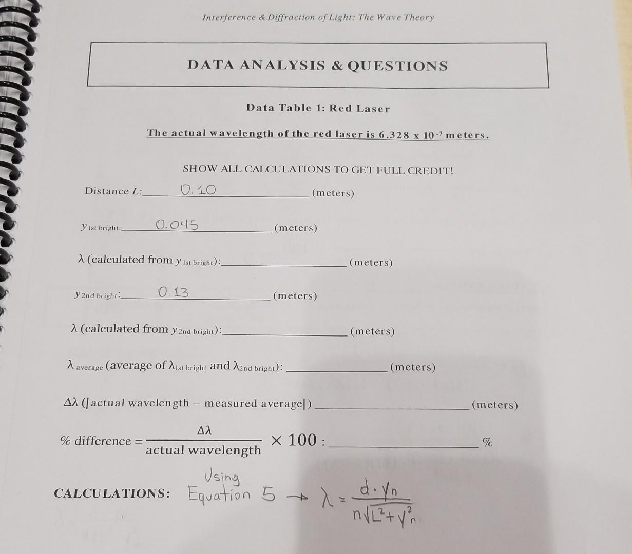 DATA ANALYSIS \& QUESTIONS Data Table 1: Red Laser | Chegg.com