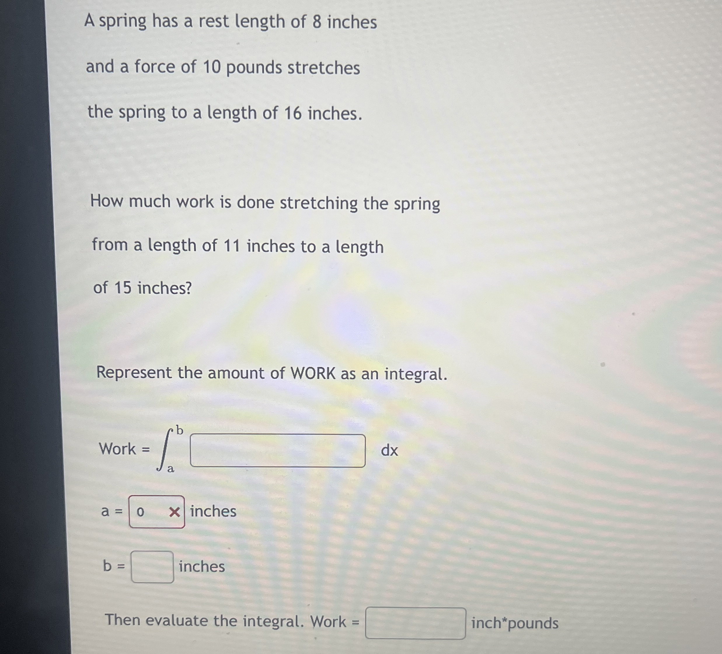 Solved A spring has a rest length of 8 ﻿inchesand a force of | Chegg.com