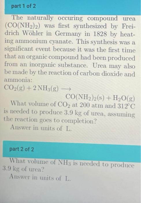 Solved The naturally occuring compound urea (CO(NH2)2) was | Chegg.com