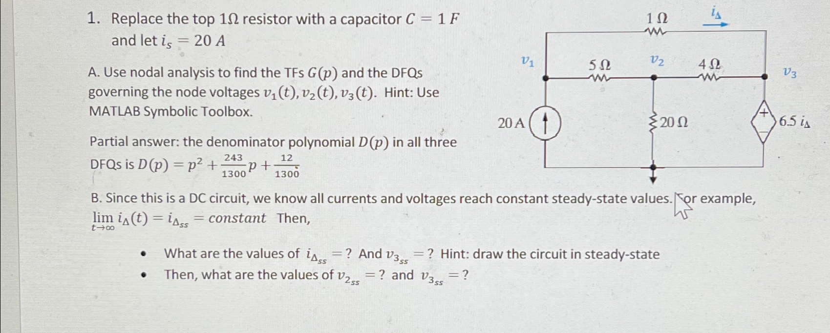 Replace the top 1Ω ﻿resistor with a capacitor C=1F | Chegg.com