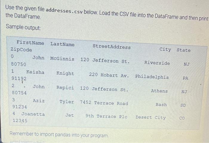 Solved Use the given file addresses. csv below. Load the CSV | Chegg.com Solved Use the given file addresses. csv below. Load the CSV | Chegg.com