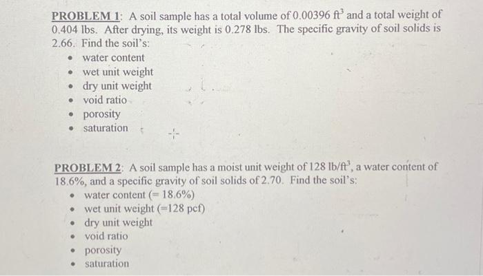 Solved PROBLEM 1: A soil sample has a total volume of | Chegg.com