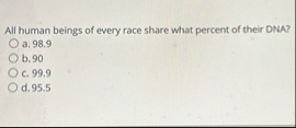 Solved All human beings of every race share what percent of | Chegg.com