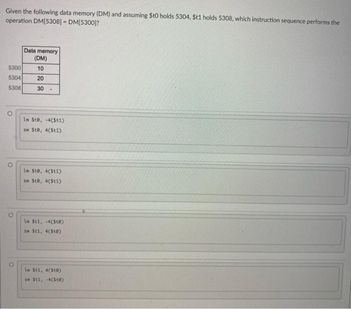 Solved Given the following data memory (DM) and assuming $to | Chegg.com