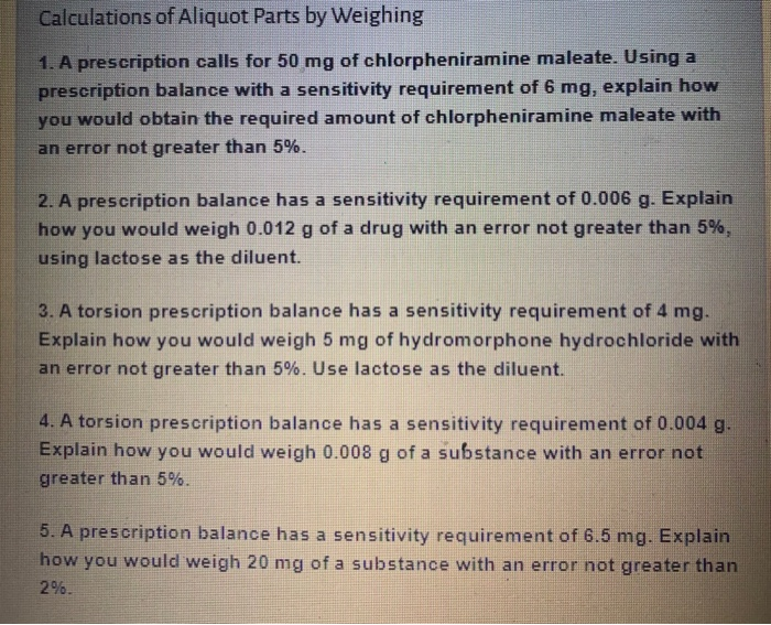 Calculations of Aliquot Parts by Weighing 1. A | Chegg.com