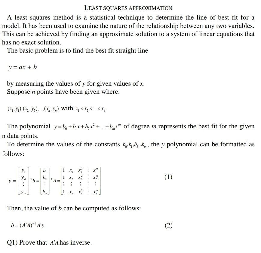 Solved LEAST SQUARES APPROXIMATION A least squares method is | Chegg.com