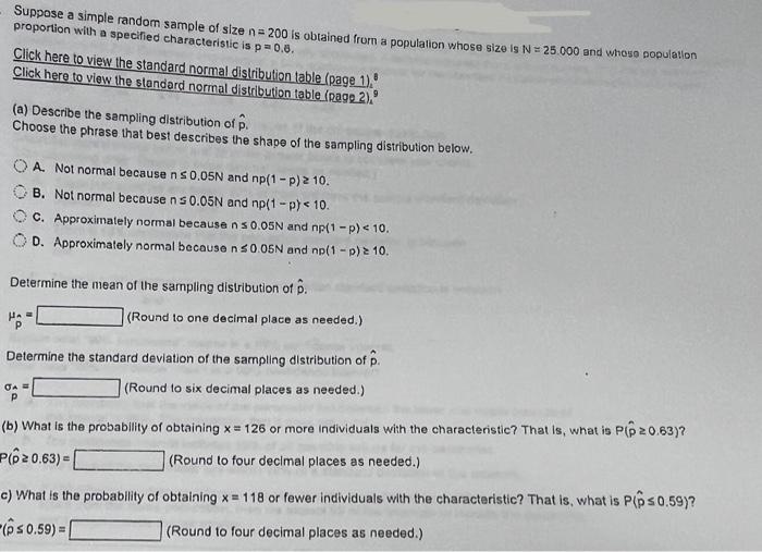 Solved proportion simple random sample of size n=200 is | Chegg.com