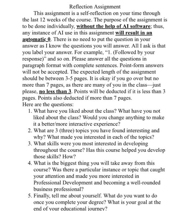 Solved Reflection Assignment This assignment is a | Chegg.com
