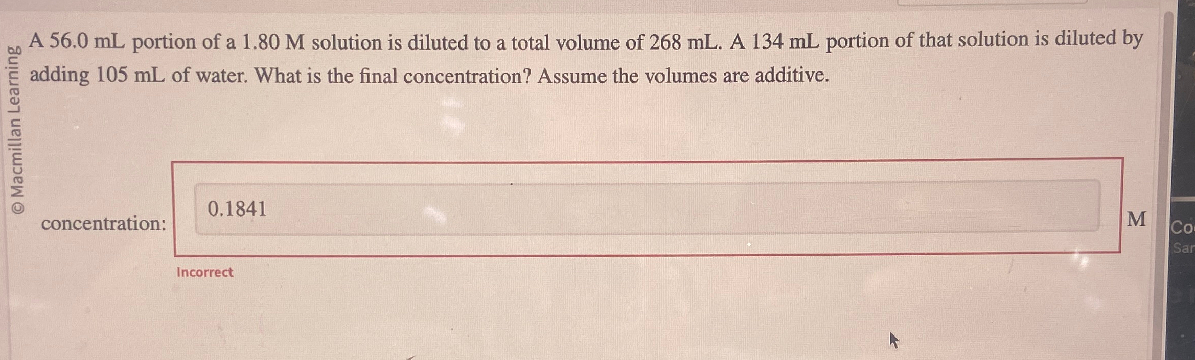 Solved A 56.0mL ﻿portion of a 1.80M ﻿solution is diluted to | Chegg.com