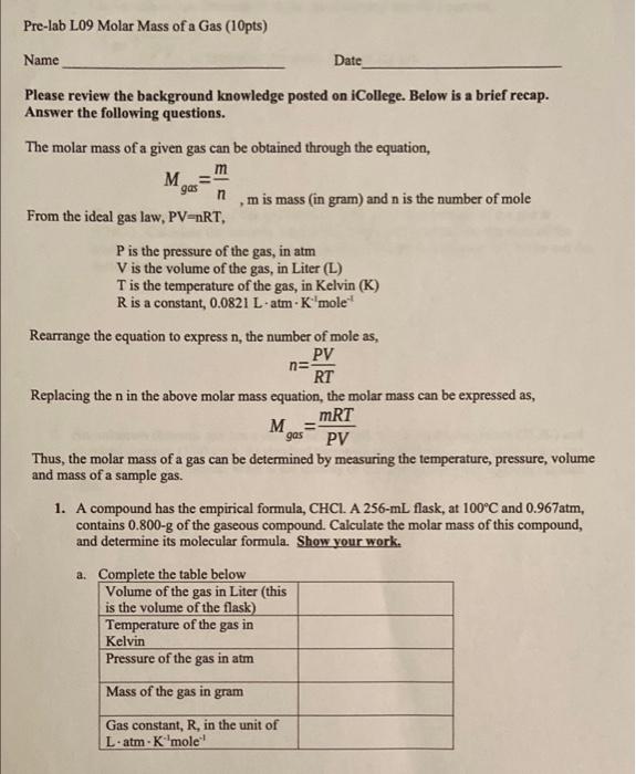 Solved Pre-lab L09 Molar Mass of a Gas (10pts) Name Date gas | Chegg.com