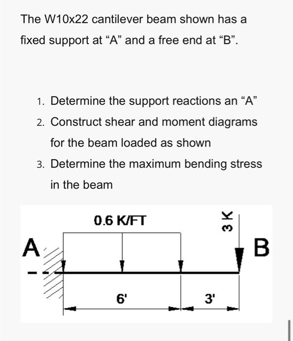 Solved The W10x22 cantilever beam shown has a fixed support | Chegg.com