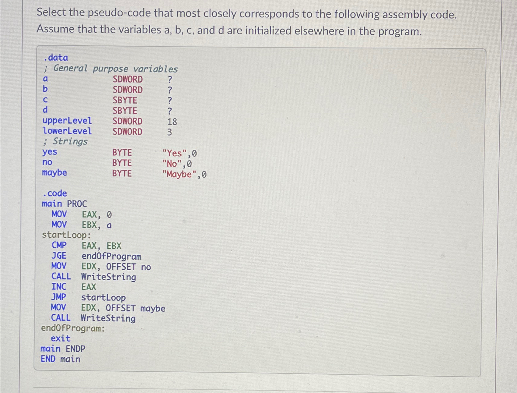 Select the pseudo-code that most closely corresponds | Chegg.com
