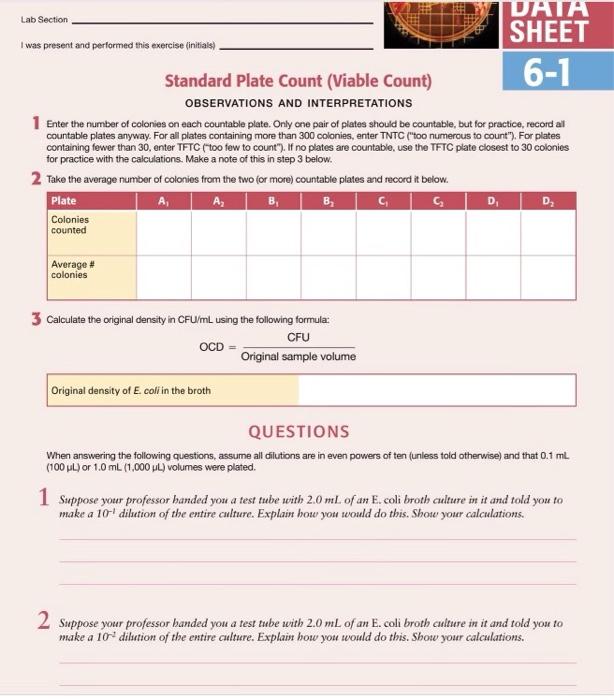 Solved Lab Section DATA SHEET I was present and performed | Chegg.com