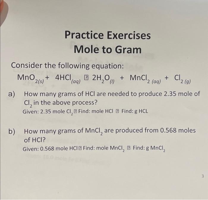 Solved Practice Exercises Mole to Gram Consider the | Chegg.com