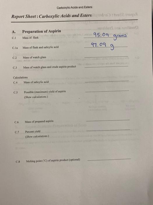 Solved Carboxylic Acids and Esters Report Sheet: Carboxylic | Chegg.com
