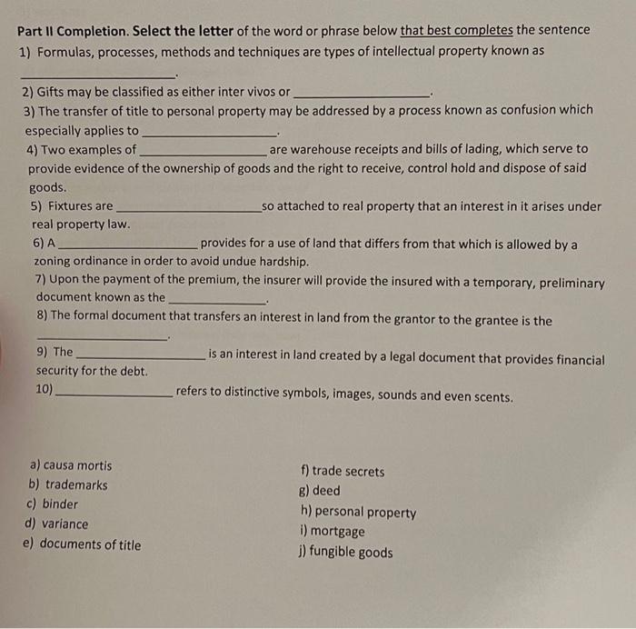 Solved Part II Completion. Select the letter of the word or | Chegg.com