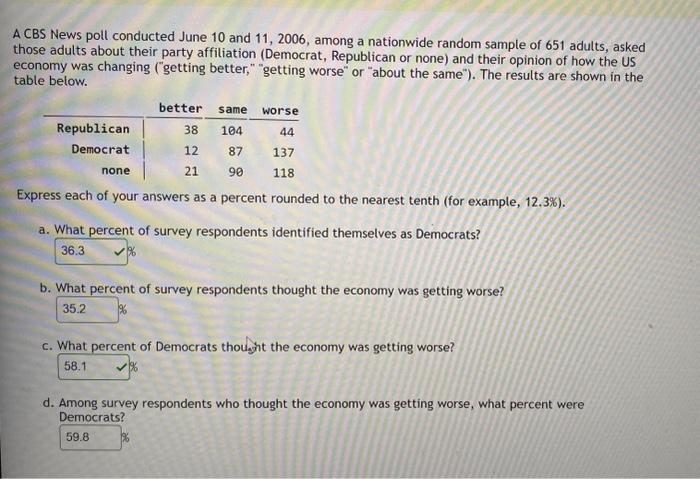 Solved A CBS News poll conducted June 10 and 11, 2006, among | Chegg.com