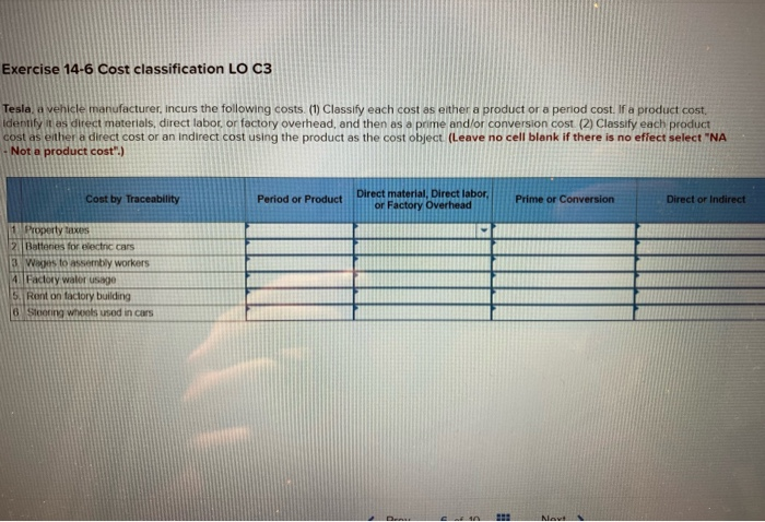 Solved Exercise 14-6 Cost classification LO C3 Tesla a | Chegg.com