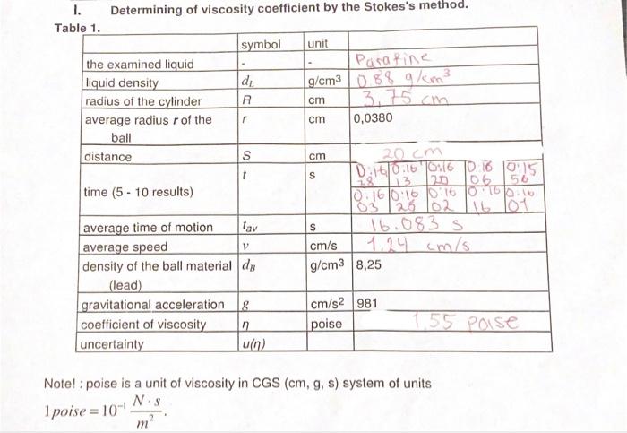 I. Determining of viscosity coefficient by the | Chegg.com