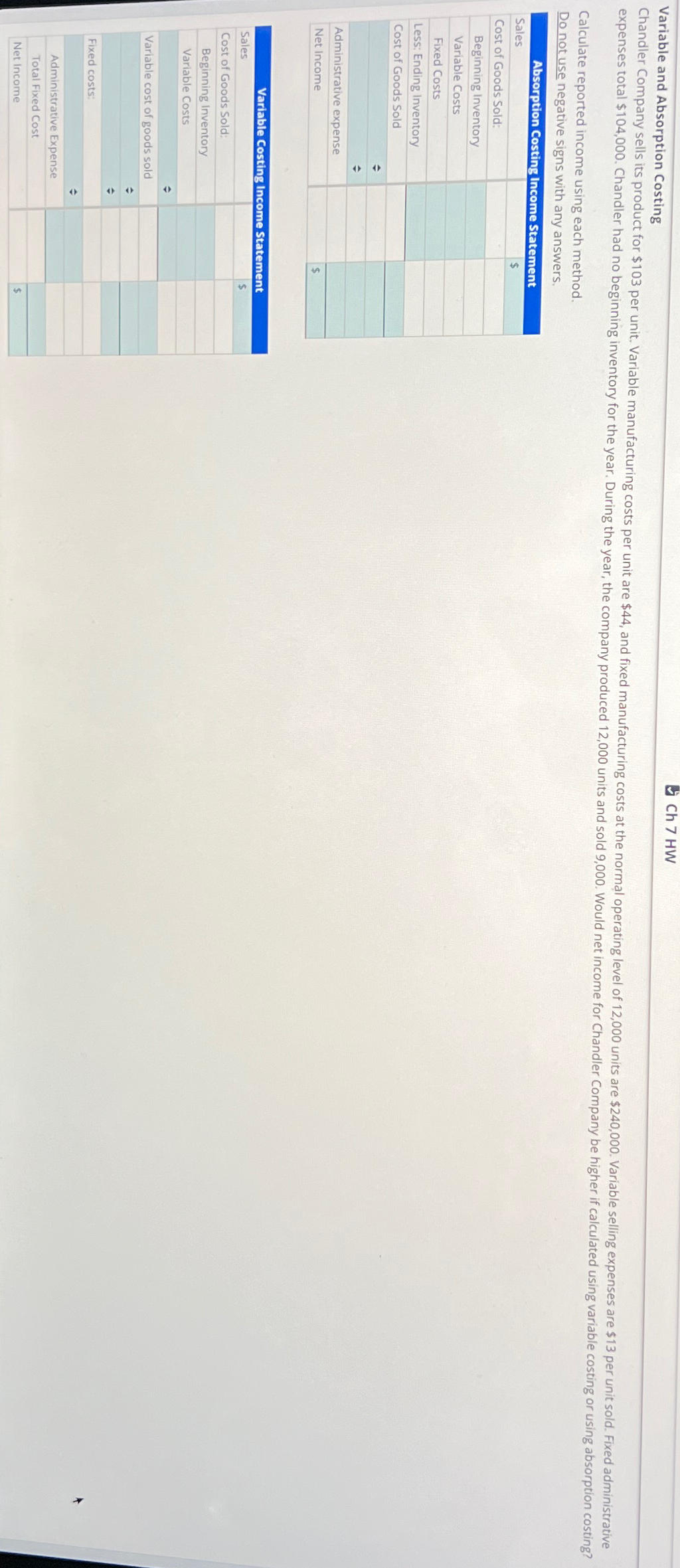 Solved Variable and Absorption CostingCh 7 ﻿HWCalculate | Chegg.com