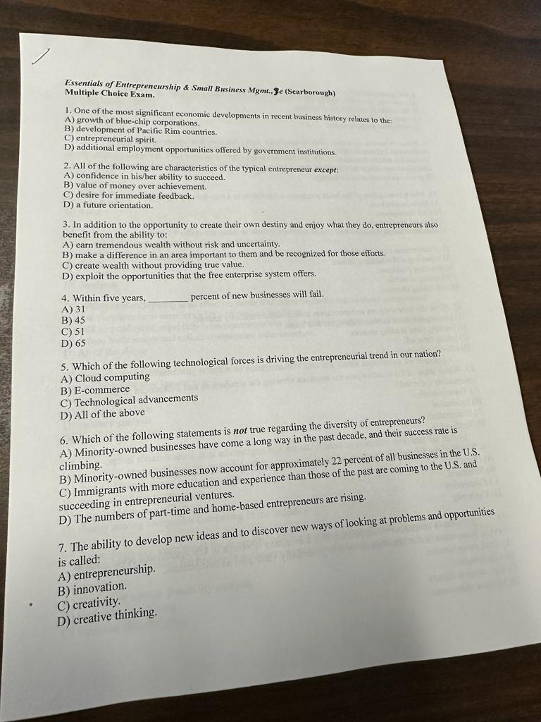 Solved Essentials of Entrepreneurship & Small Business Mgmt, | Chegg.com