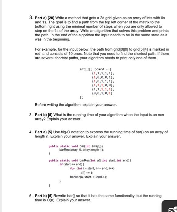 3. Part a) [20] Write a method that gets a 2 d grid | Chegg.com