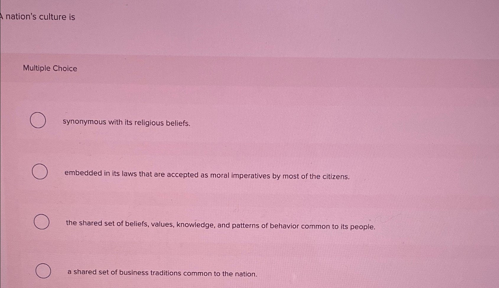 Solved nation's culture isMultiple Choicesynonymous with its | Chegg.com