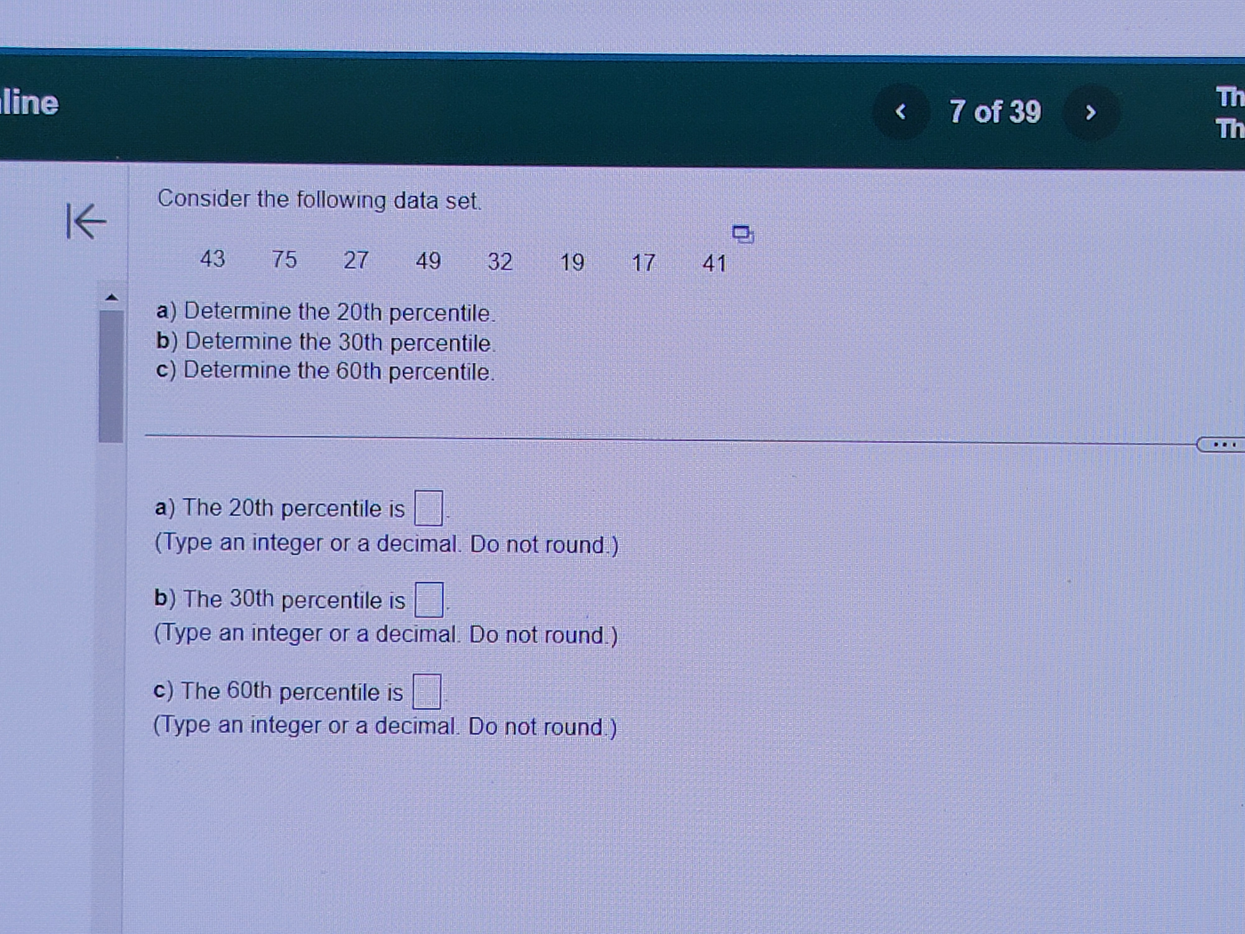 Solved Consider the following data set. | Chegg.com