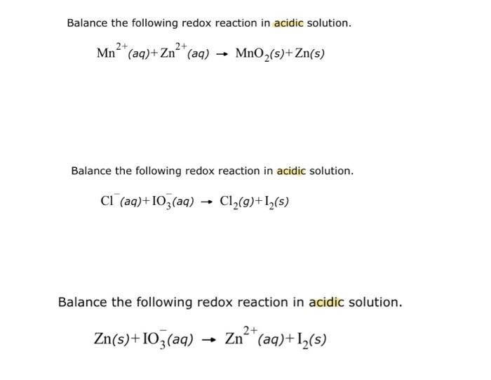 Solved Balance the following redox reaction in acidic | Chegg.com