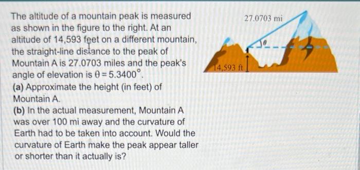 Solved The altitude of a mountain peak is measured as shown | Chegg.com