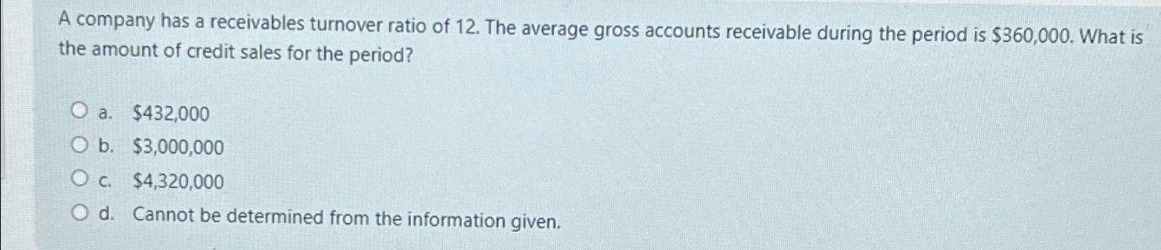 Solved A company has a receivables turnover ratio of 12 . | Chegg.com