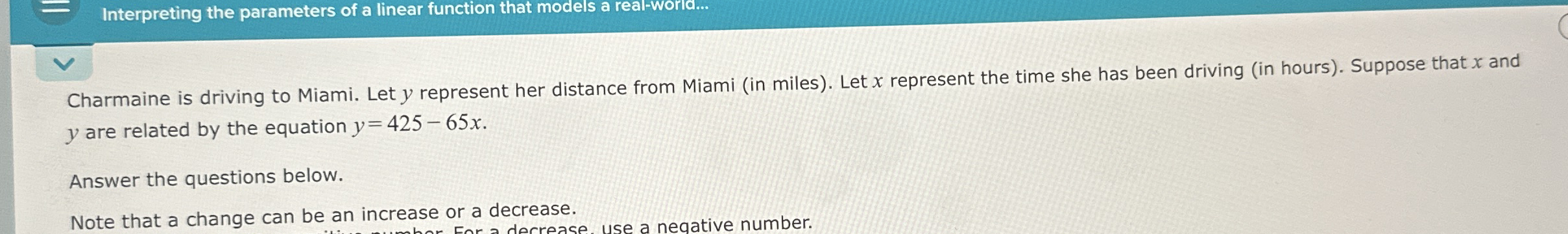 Solved Charmaine is driving to Miami. Let y ﻿represent her | Chegg.com