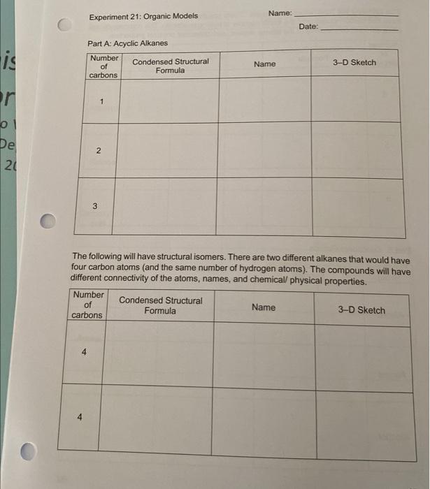 Solved Experiment 21: Organic Models Name: Date: Part A: | Chegg.com