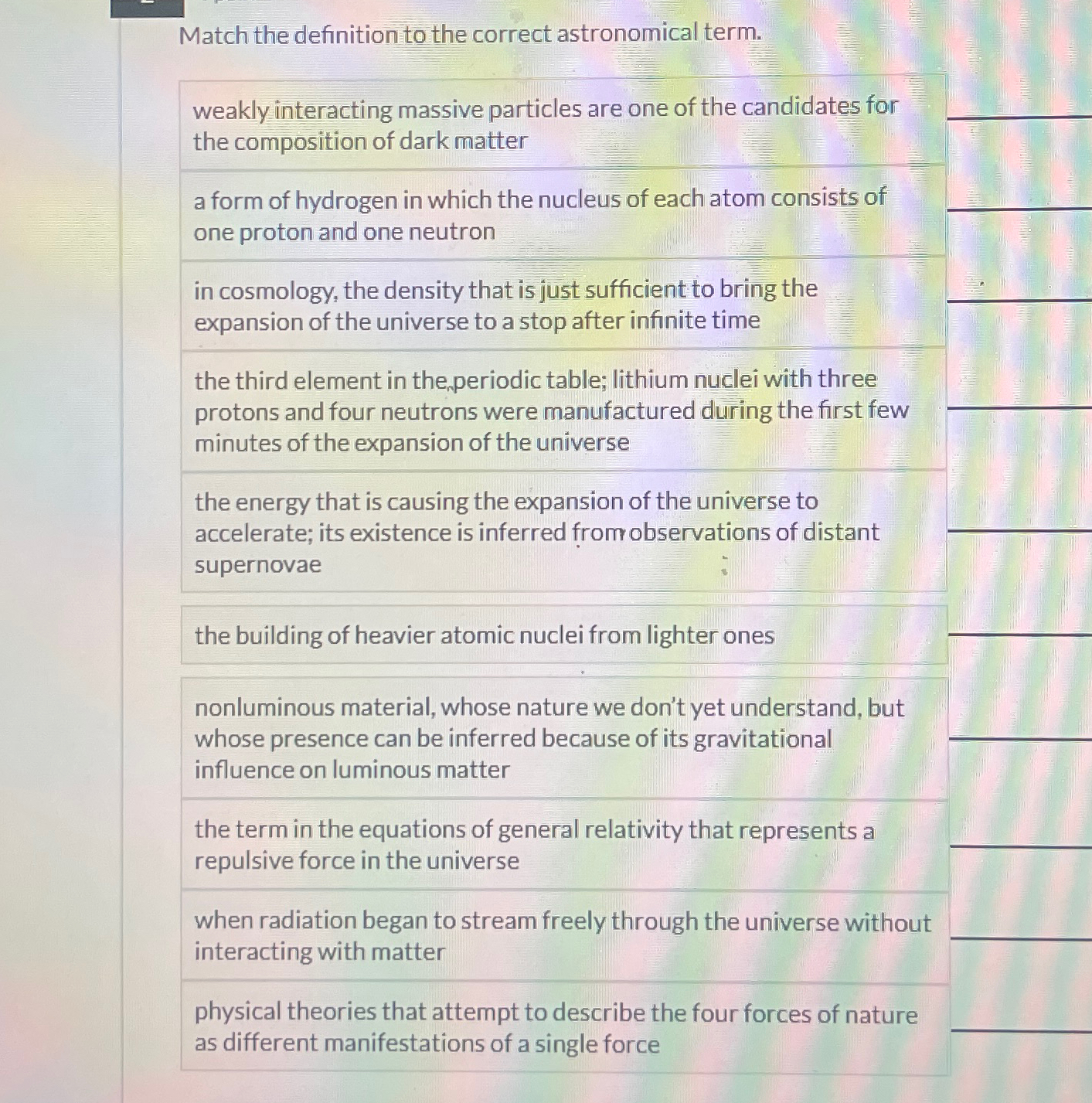 Solved Match the definition to the correct astronomical | Chegg.com