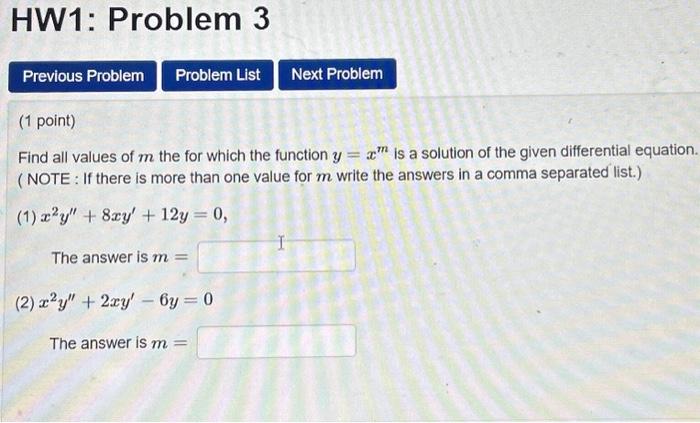 Solved Find all values of m the for which the function y=xm | Chegg.com